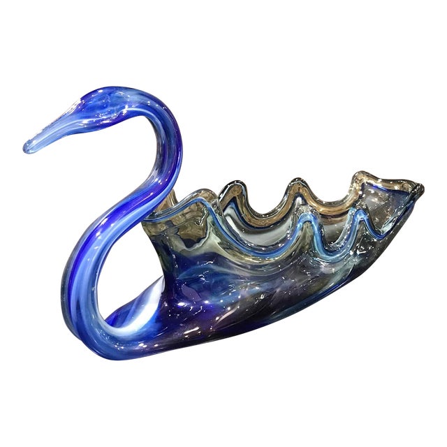 1970s Large Blue Hand-Blown Sooner Swan Slag Art Glass Large Decor Bowl ...