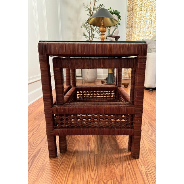 Vintage Boho Chic Wicker Nesting Tables in Chestnut Brown, a Pair ...