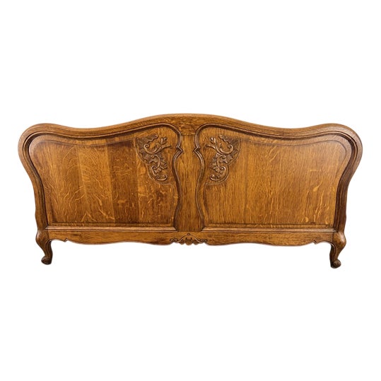 Vintage French Style Carved Oak Double Bed Footboard | Chairish
