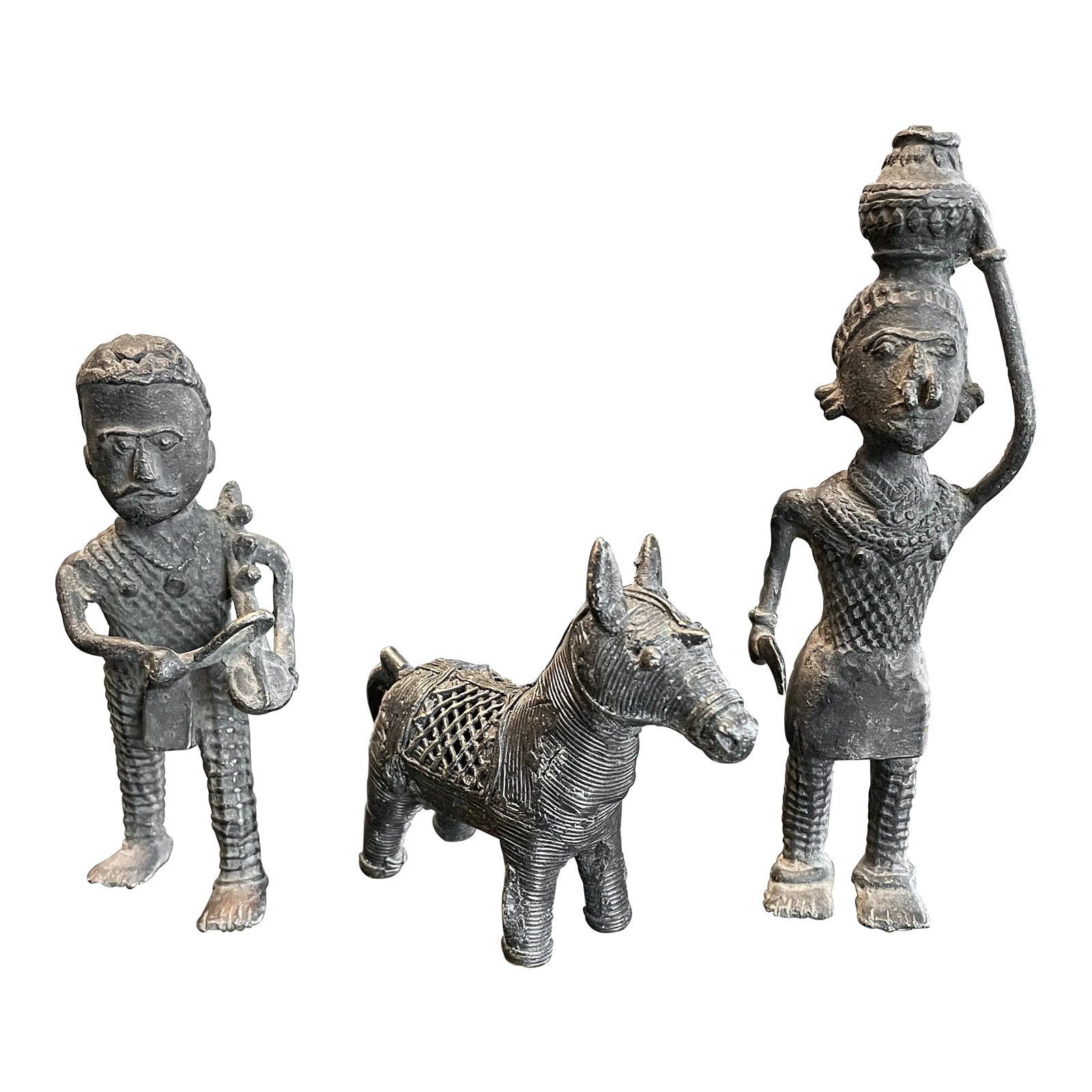 Indian Miniature Bronze Dhokra Figures- a Set of 3 | Chairish