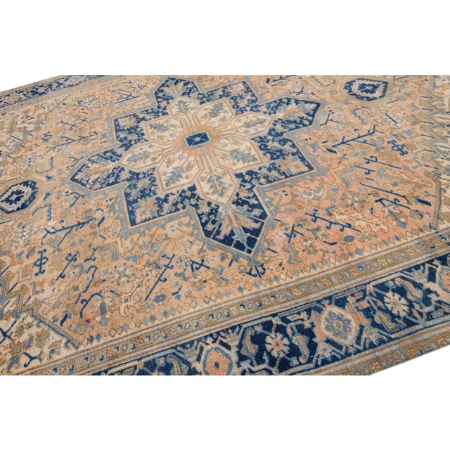 Vintage Handmade Heriz Wool Rug With Medallion Motif in Peach | Chairish