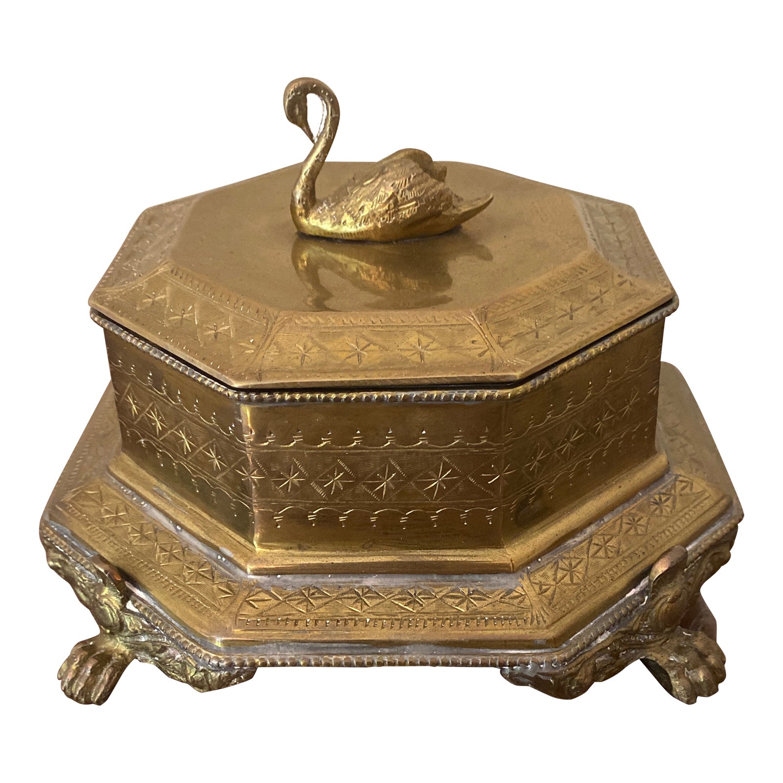 1970s Mottahedeh Brass Swan Lidded Octagonal Box | Chairish