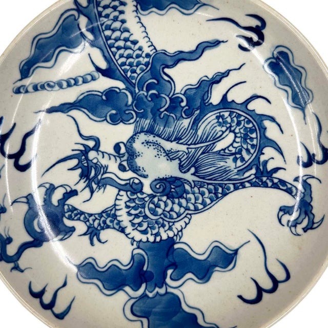 Vintage Chinese Blue and White Porcelain Dragon Plate | Chairish