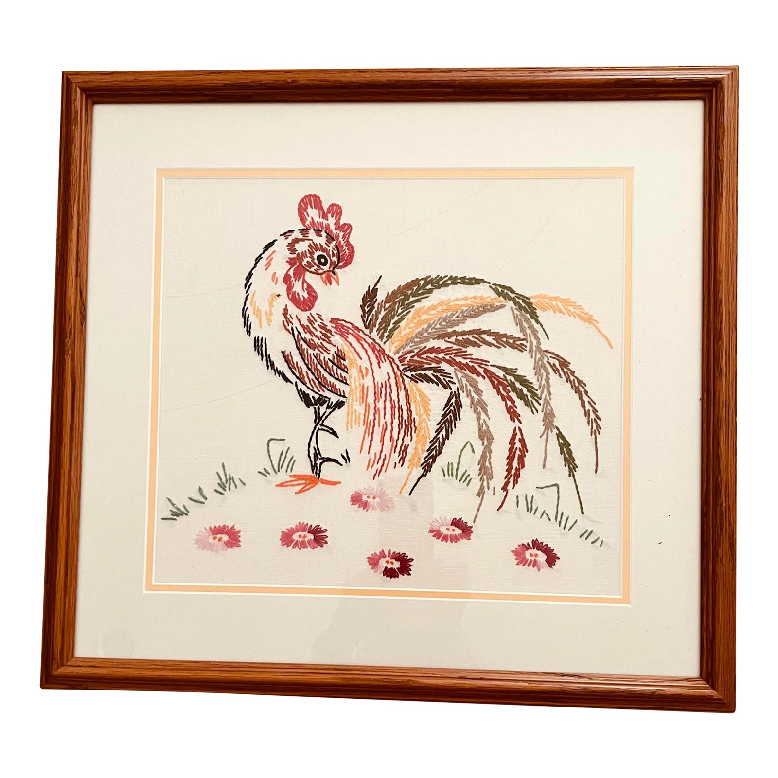 Vintage Needlepoint 1960s Boho Shabby Chic Hand Embroidered Rooster in ...