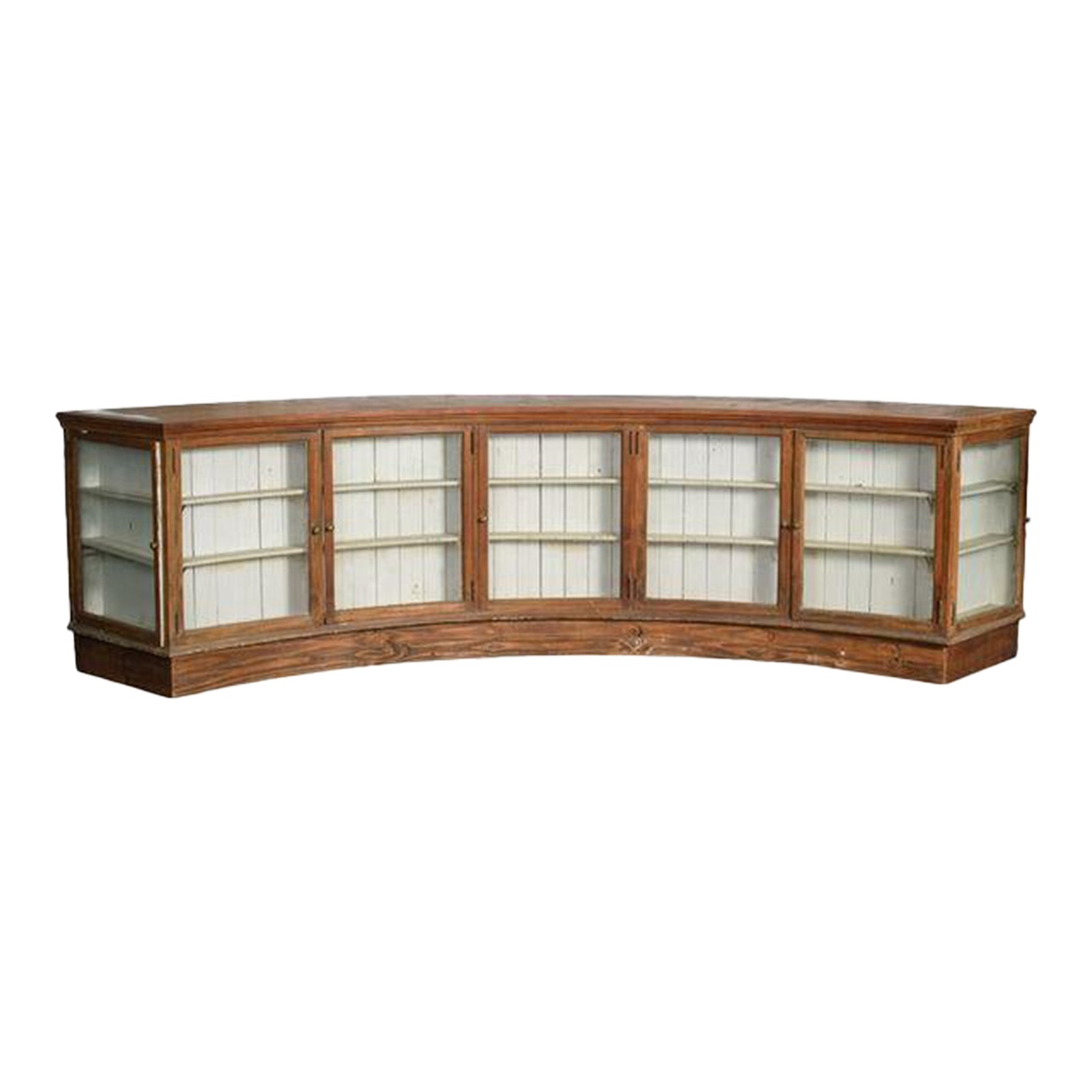 Vintage Curved Counter With Wood Top and Glass Cabinets | Chairish