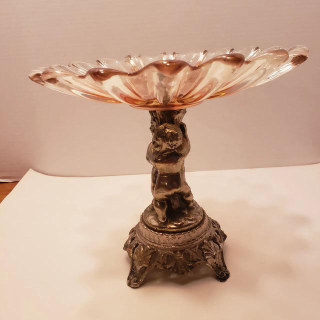 Antique Art Deco Cherub Metal & Pink Glass Compote | Chairish