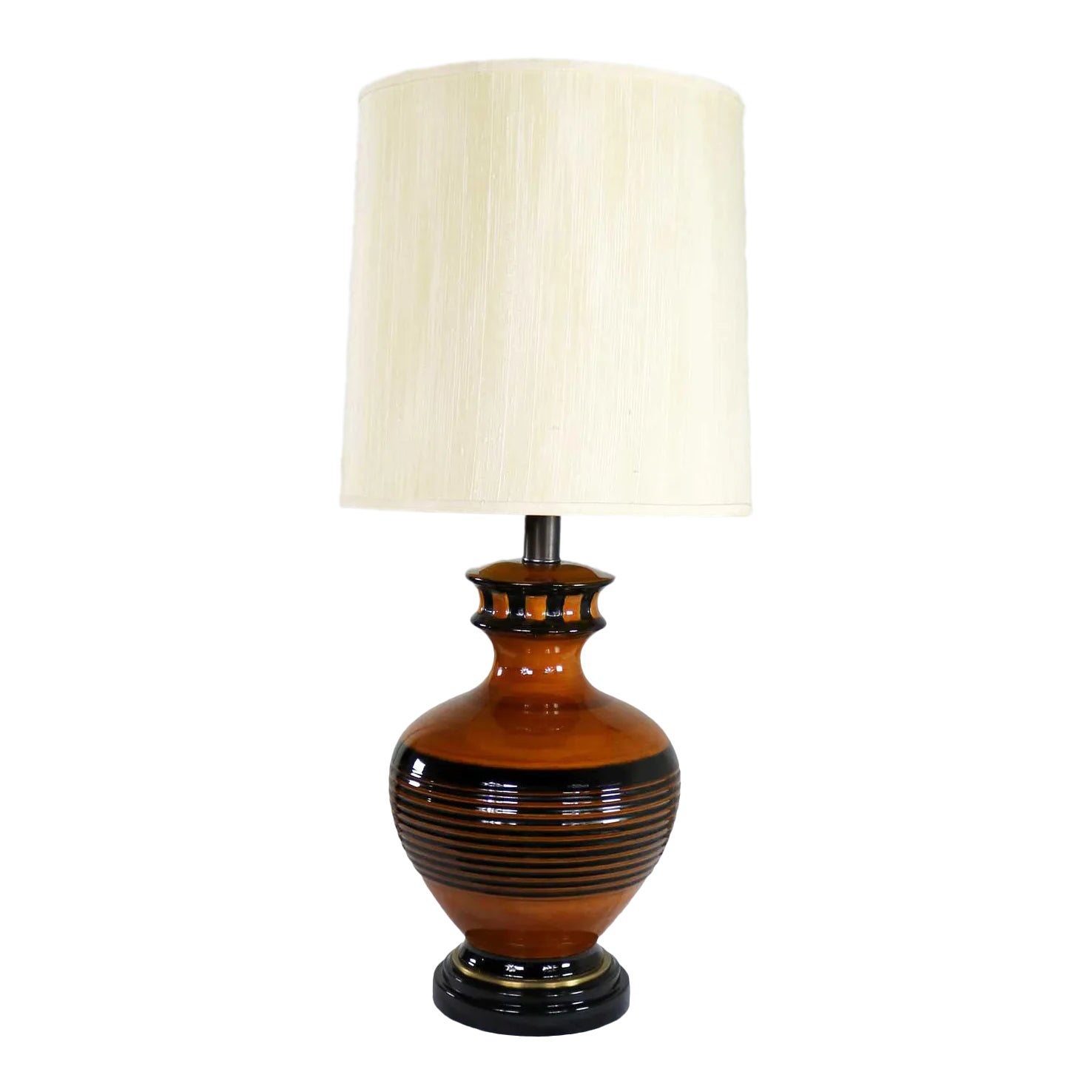 Large Brown and Black Mid Century Modern Bulbous Ceramic Lamp | Chairish