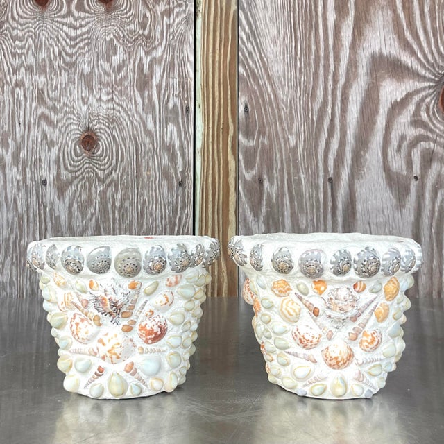 Vintage Coastal Shell Encrusted Terra Cotta Flower Pots - a Pair | Chairish