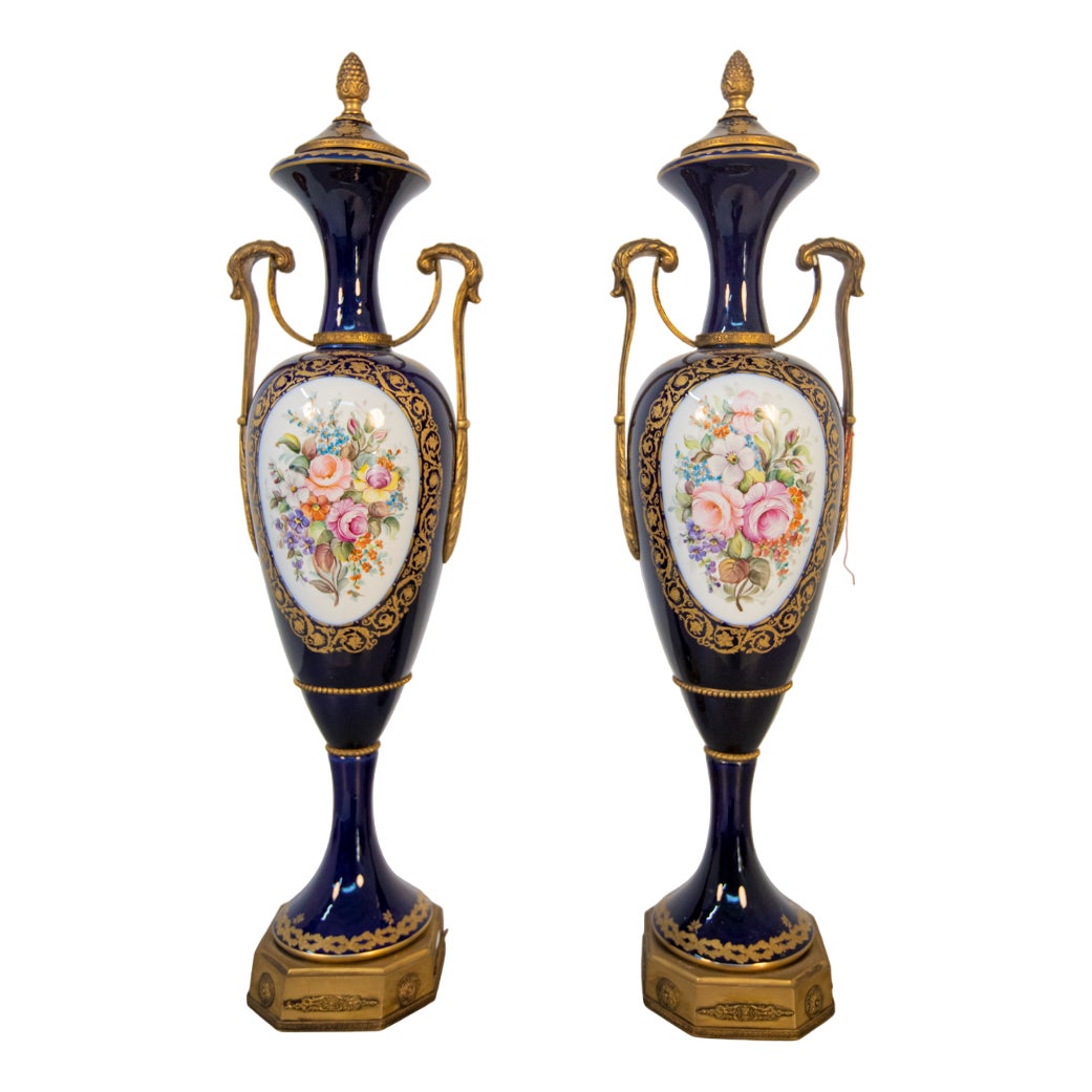 French Blue Ceramic Decorative Vases with Floral Motifs, 1890s, Set of ...