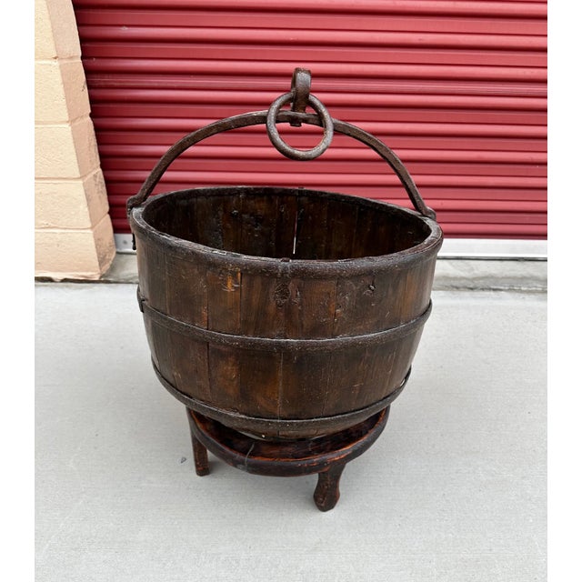 Antique 19th Century Chinese Rice Bucket with Handle & Stand | Chairish