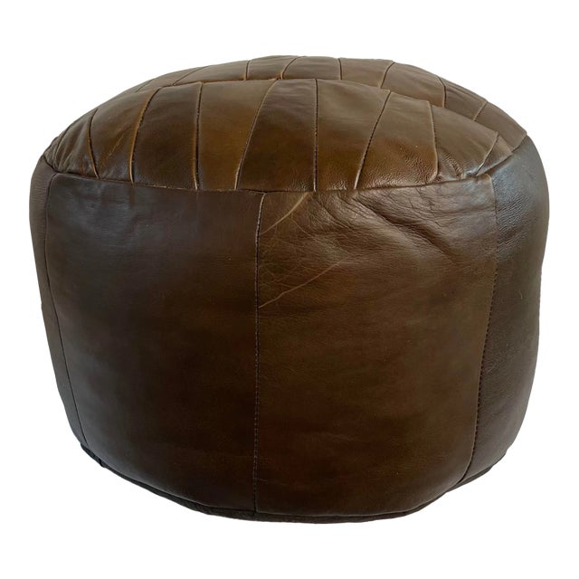 Vintage Brown. Leather Poof Footstool | Chairish