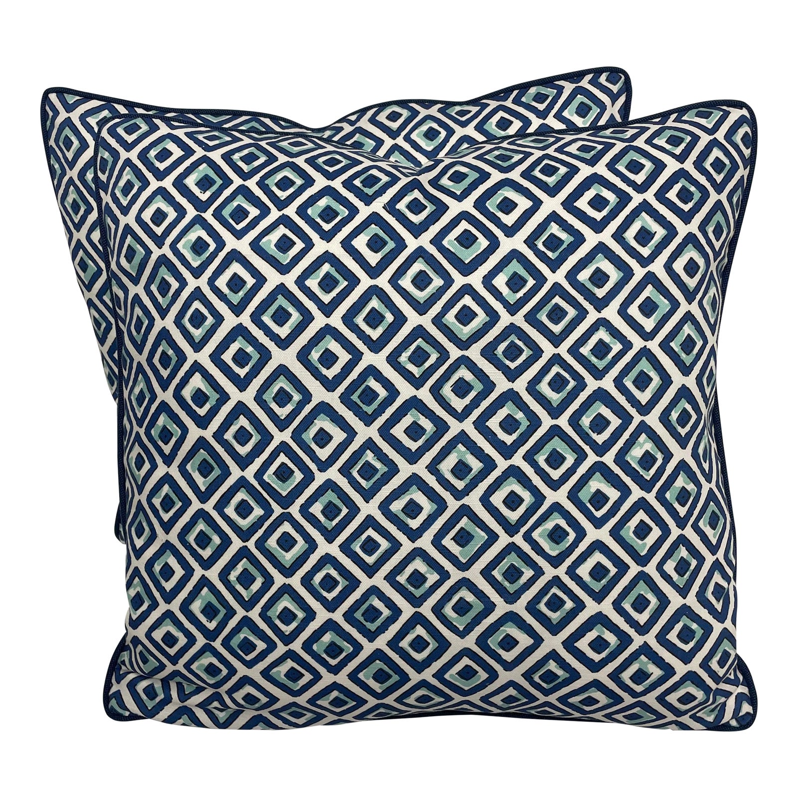Thibaut Indian Diamond in Blue and Turquoise Pillows - Pair | Chairish