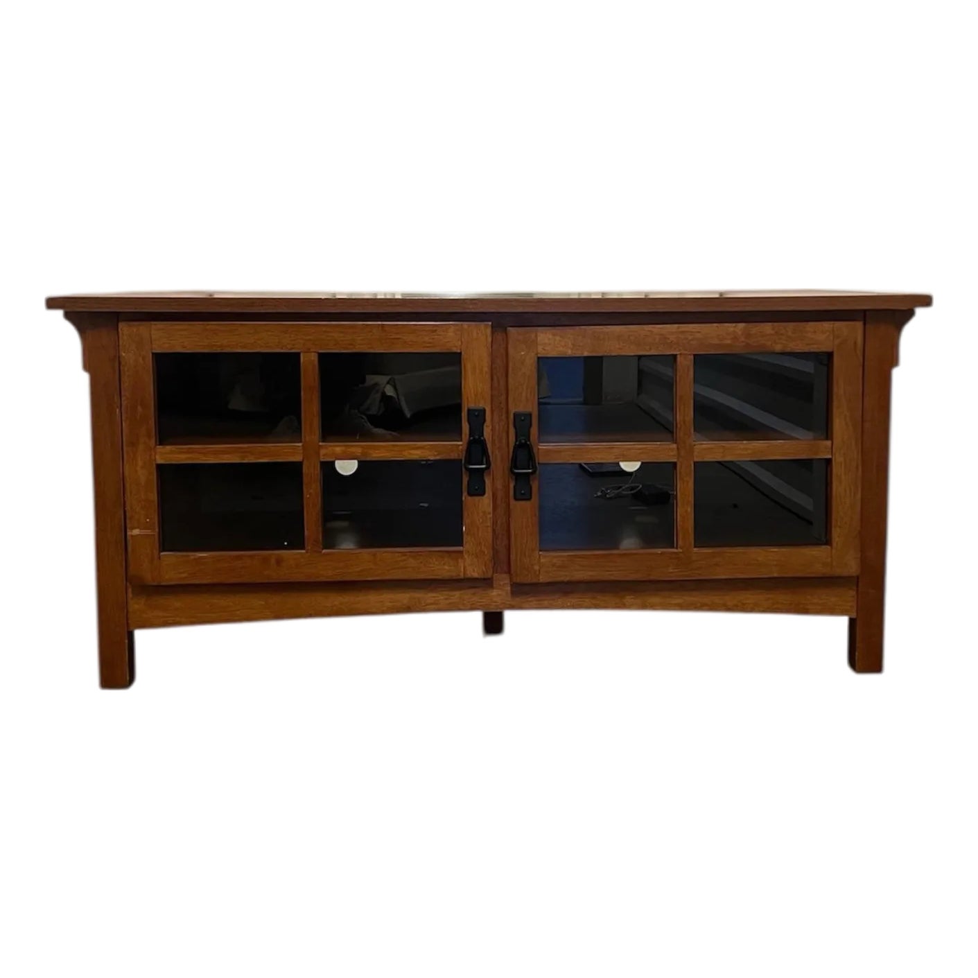 Craftsman Mission-Style Oak Veneer Tv Stand With Glass Doors | Chairish