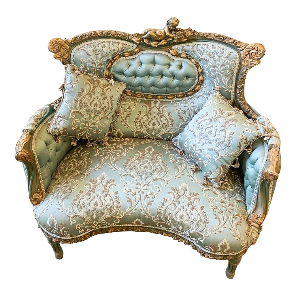 1990s Baroque Style Sky Blue Damask Chair | Chairish