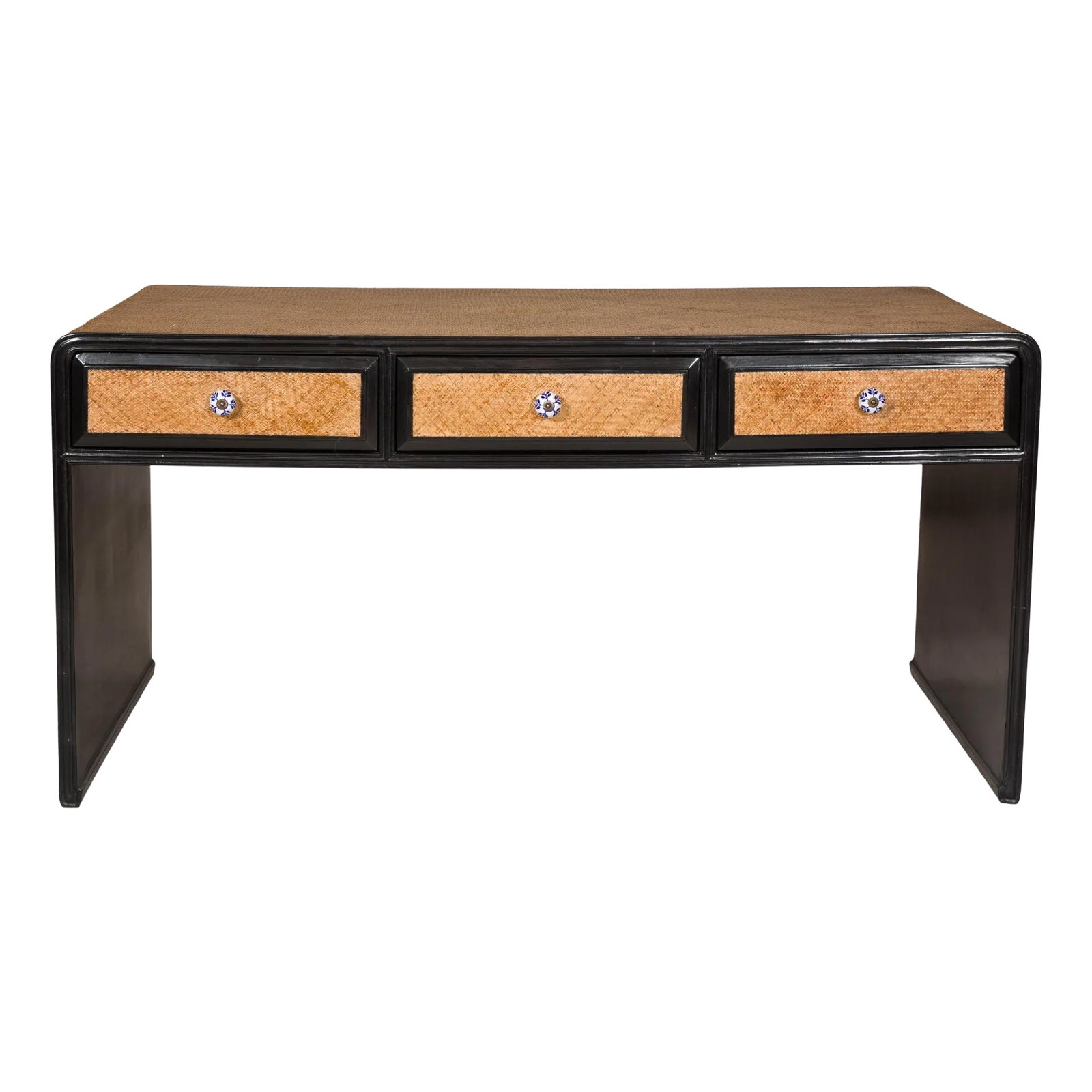 Rattan over Wood Waterfall Desk with Black Lacquer Finish and Three ...