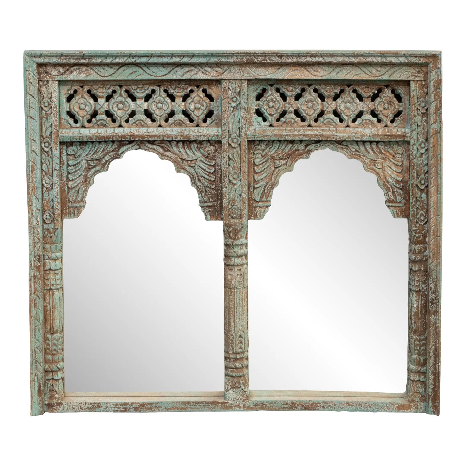 Painted & Distressed Mughal Style Arched Double Mirror | Chairish