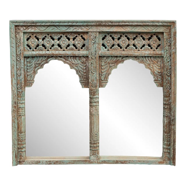 Painted & Distressed Mughal Style Arched Double Mirror | Chairish