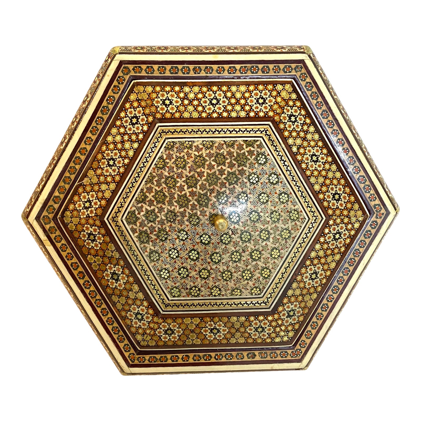 Anglo Indian Micro Sedeli Multi Color Wooden and Brass Hexagonal Shape ...