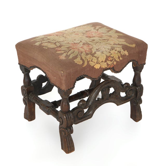 Early Antique English Carved Walnut & Needlepoint Bench Stool, Circa ...