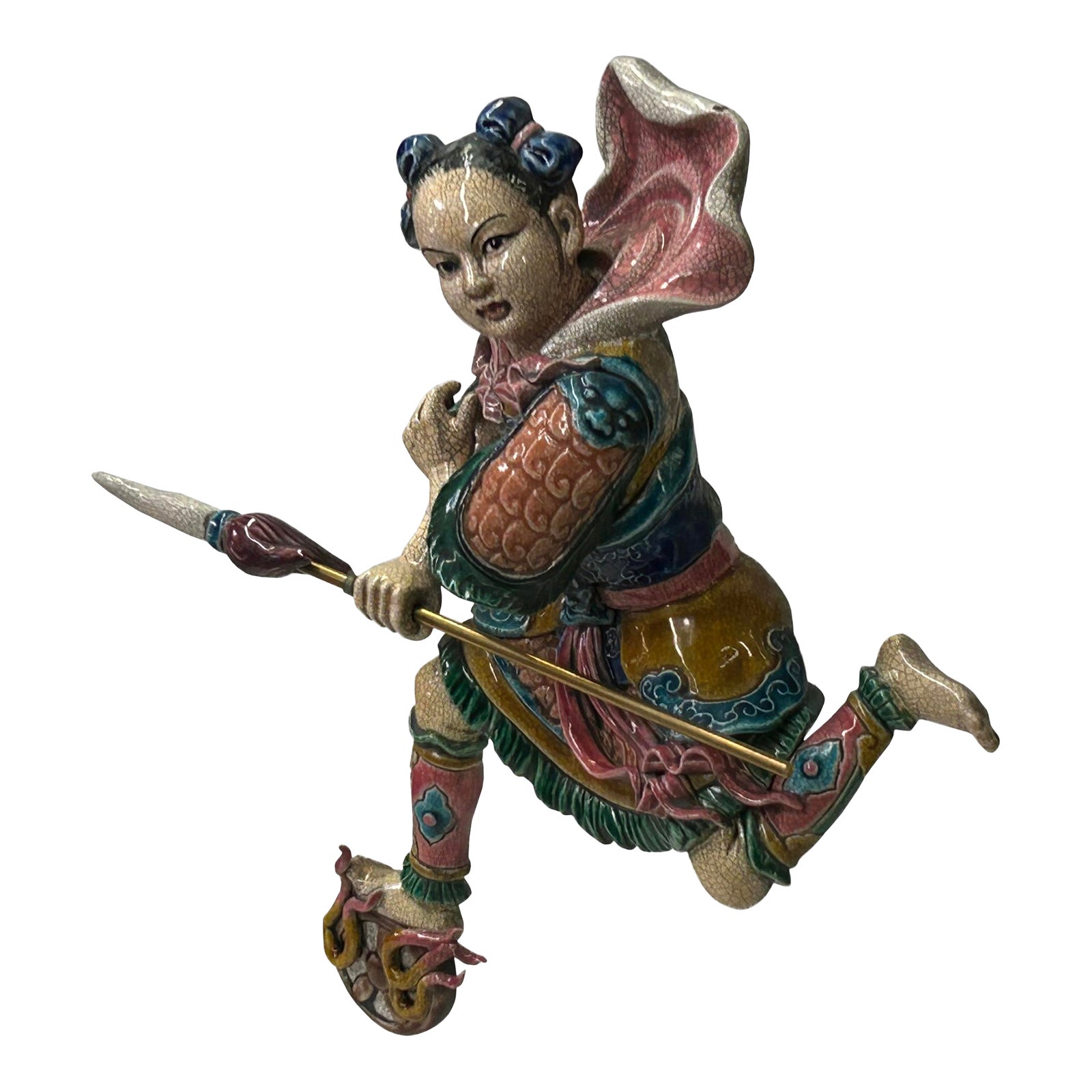 Chinese Vintage Color Ceramic NeZha Riding Fire Wheel Figure Display ...