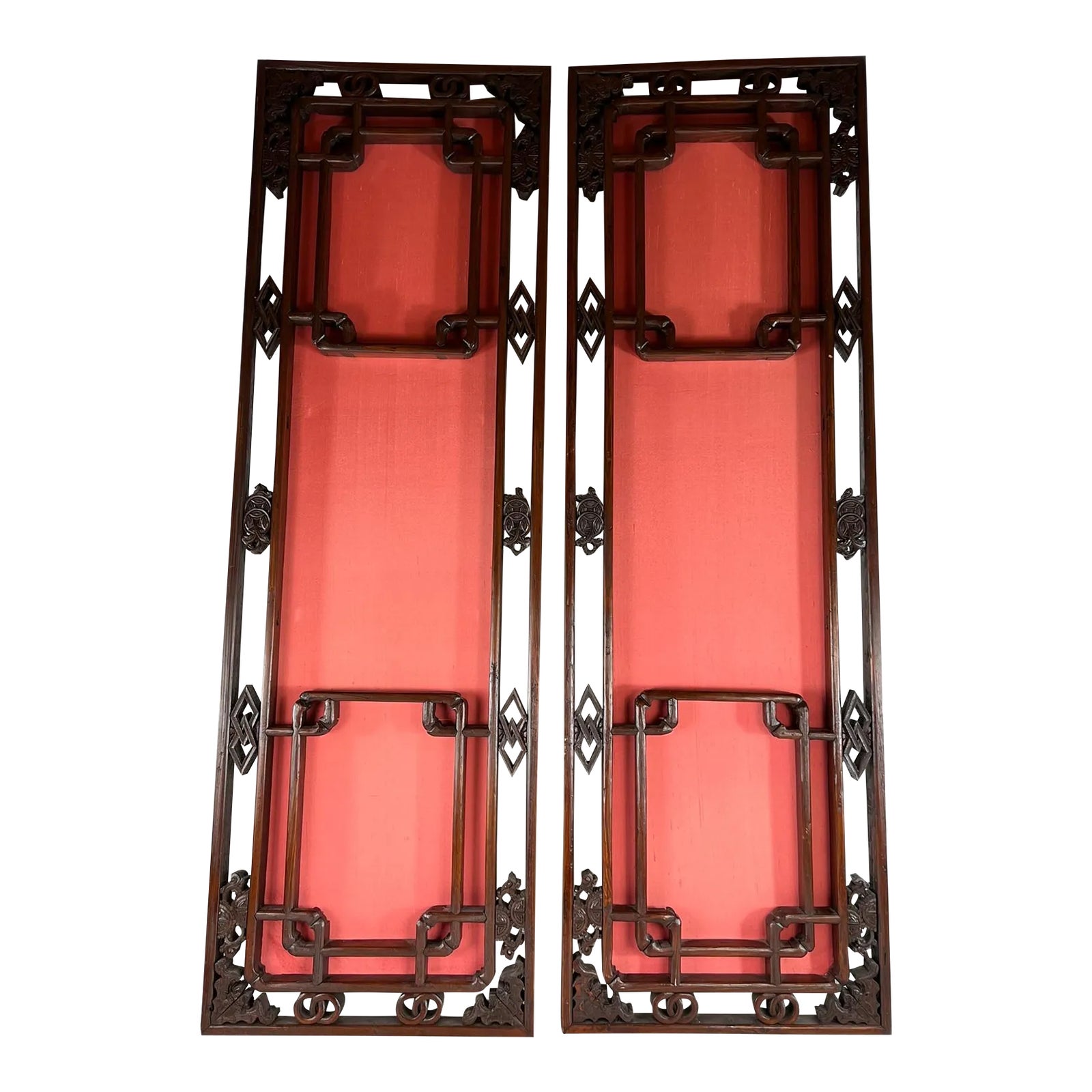 Pair of Antique Chinese Lattice Window Panels With Auspicious Symbols ...