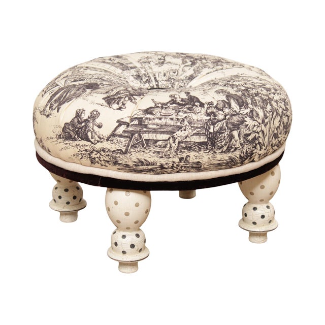 Blue Star Design French Toile Round Foot Stool | Chairish