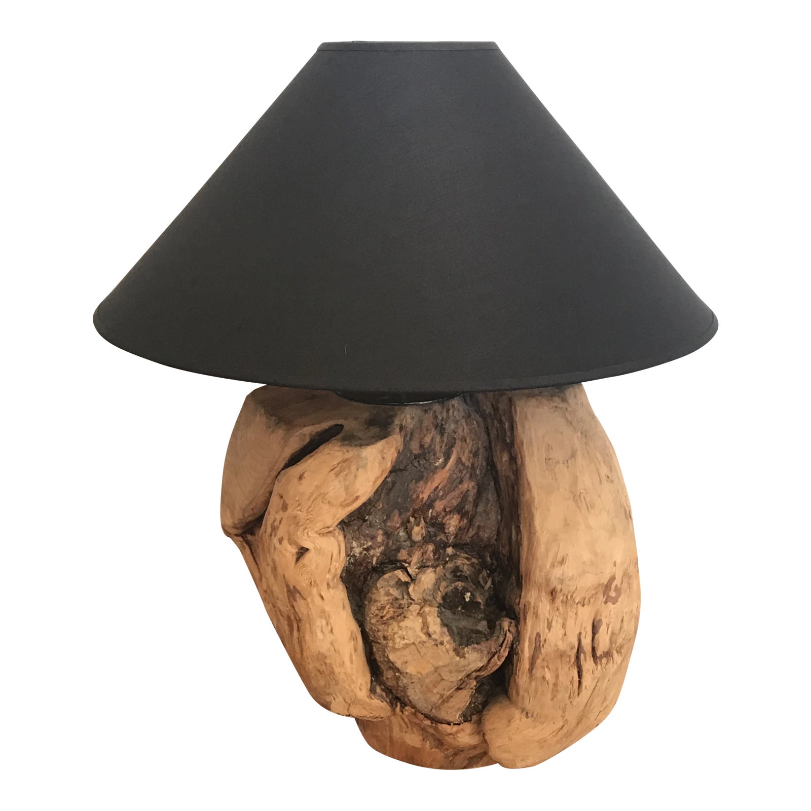 1950s Teak Root Ball Lamp With Black Linen Shade | Chairish