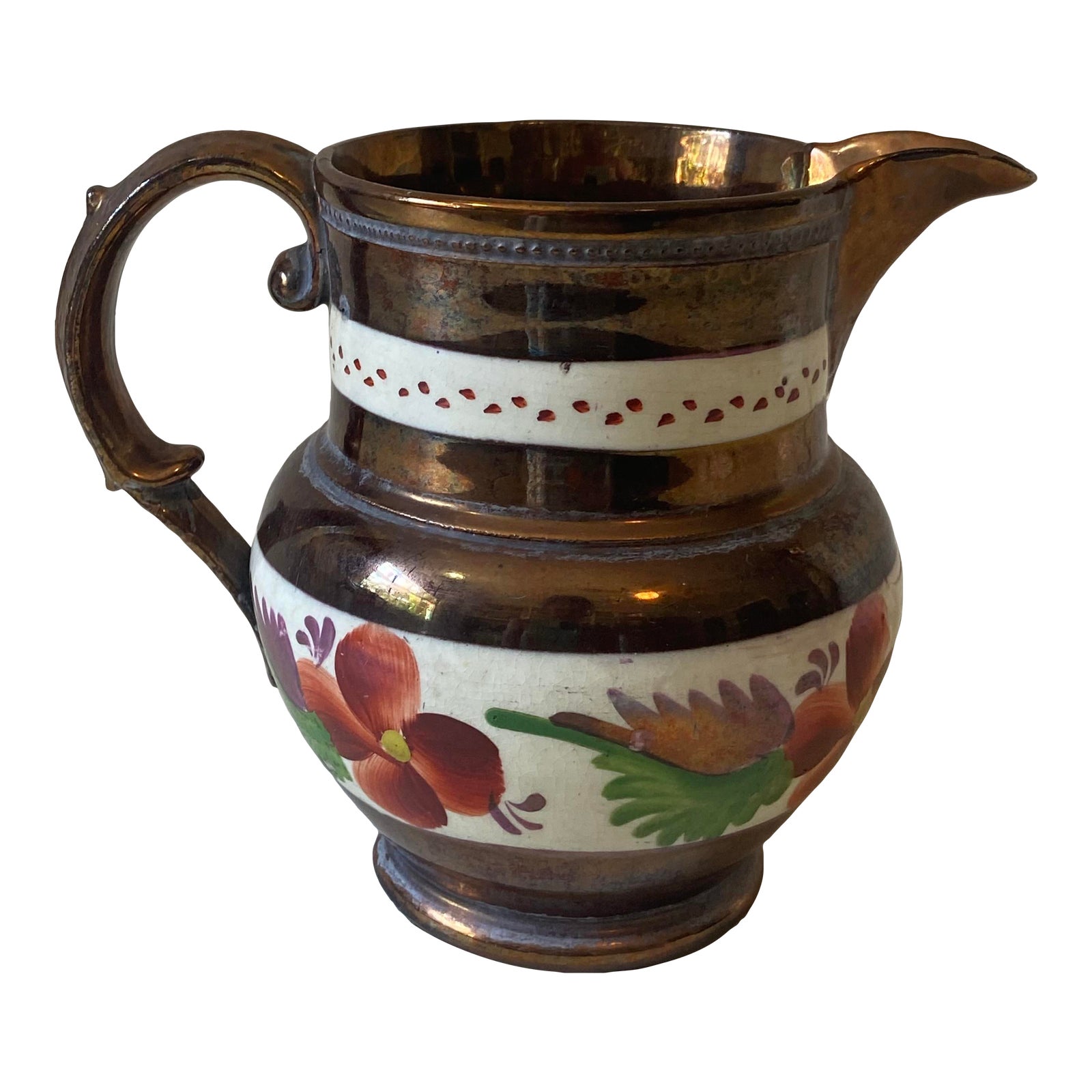 Antique English Lustreware Pitcher With Flowers | Chairish
