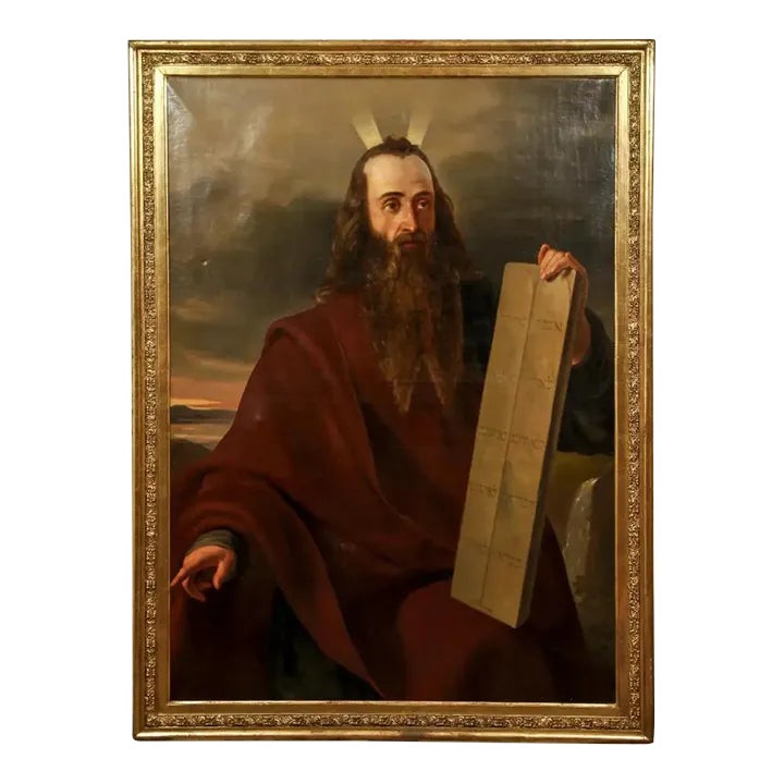 Mid 19th Century Oil on Canvas Painting of Moses With the 10 ...