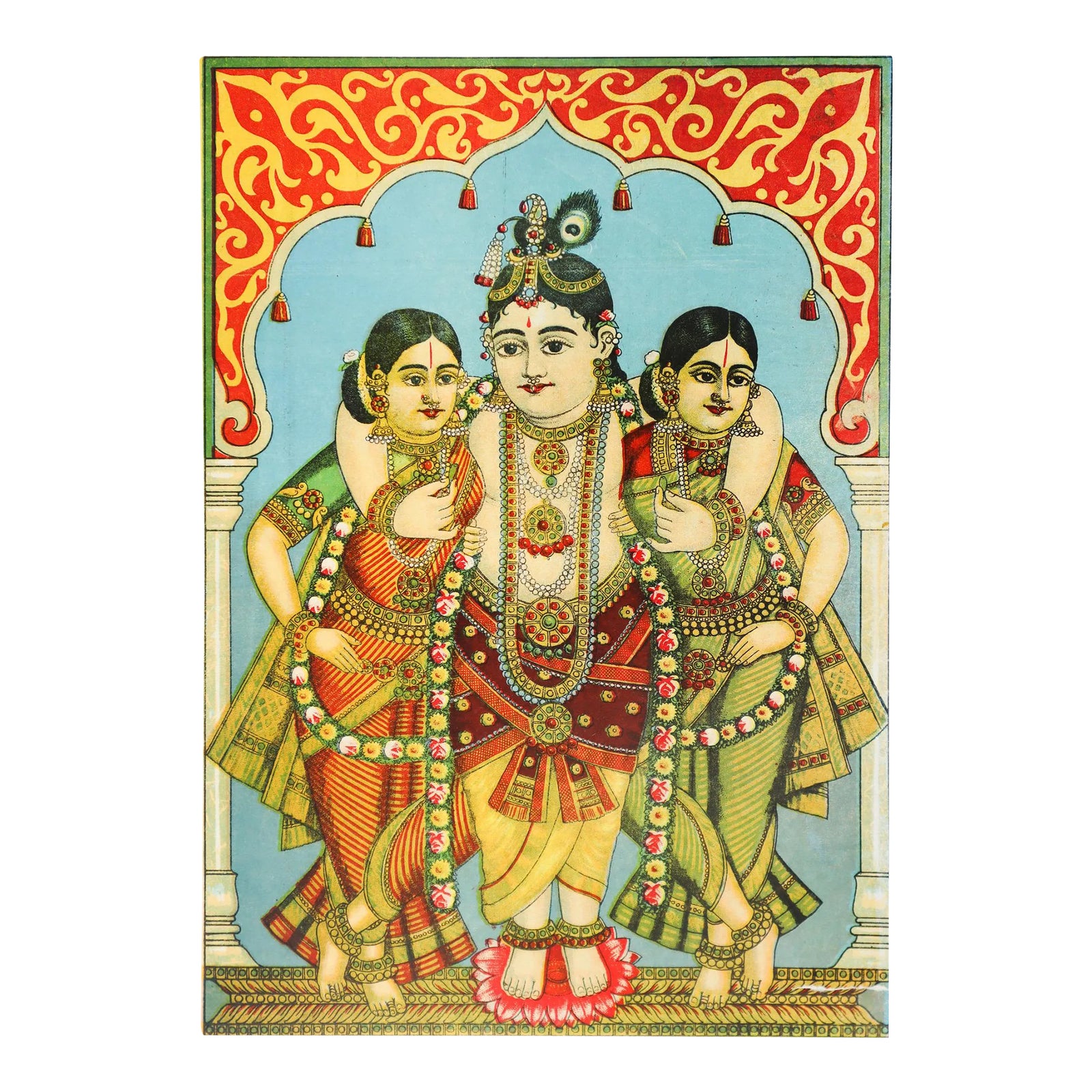 1920 Indian Offset Lithography, "Shri Krishna Gopi" - Man on Lotus With ...