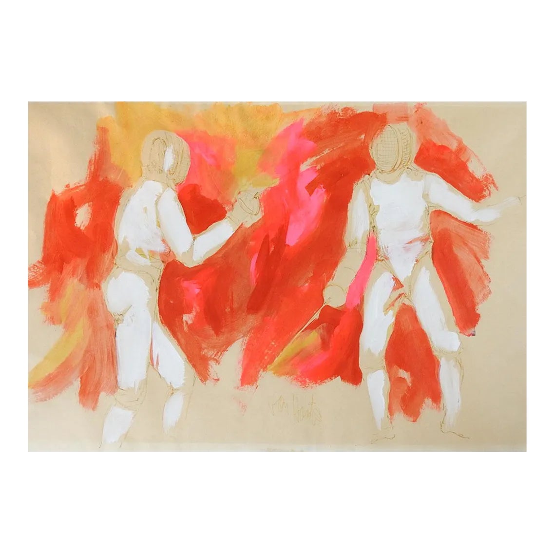 Vintage Mid 20th Century Jacque Von Honts Hot Pink Fencing Painting ...