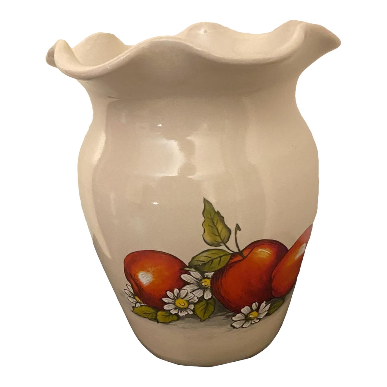 1990s Hand Turned Texas Pottery Vase Apples & Daisies Farmhouse Crock ...