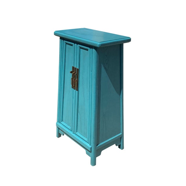 Chinese Oriental Pastel Blue Ming Style a Shape End Table Nightstand ...