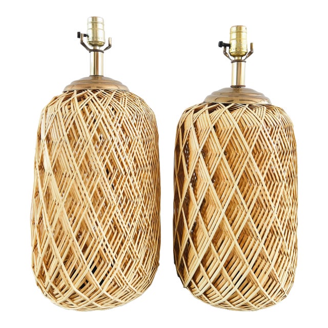 Vintage 1980s Woven Rattan Table Lamps - Pair | Chairish