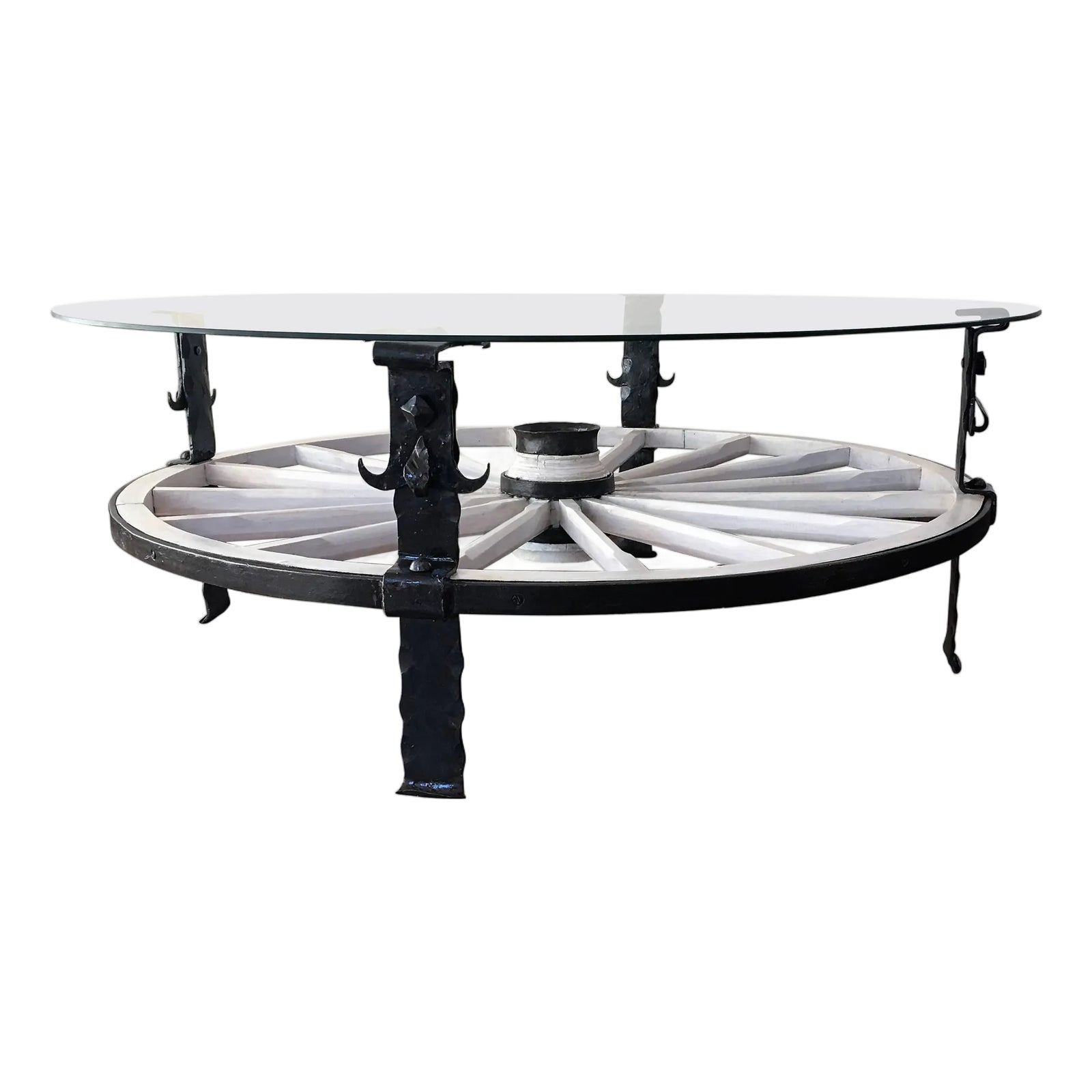 20th Century Glass Top Wooden Wagon White Wheel Accent Spanish Table ...