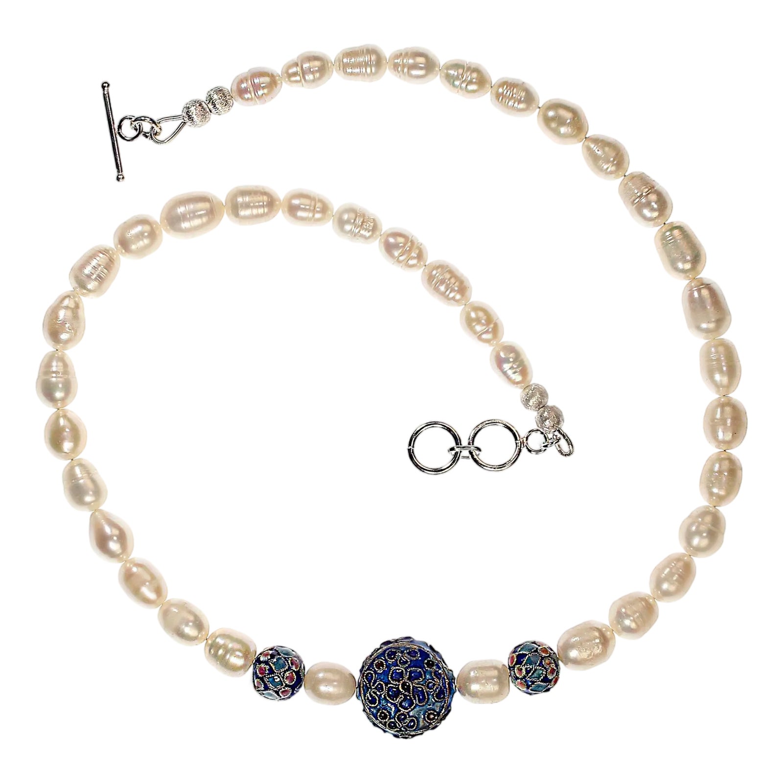 Ajd 19 Inch White Potato Pearl Necklace With Cloisonne Accents | Chairish