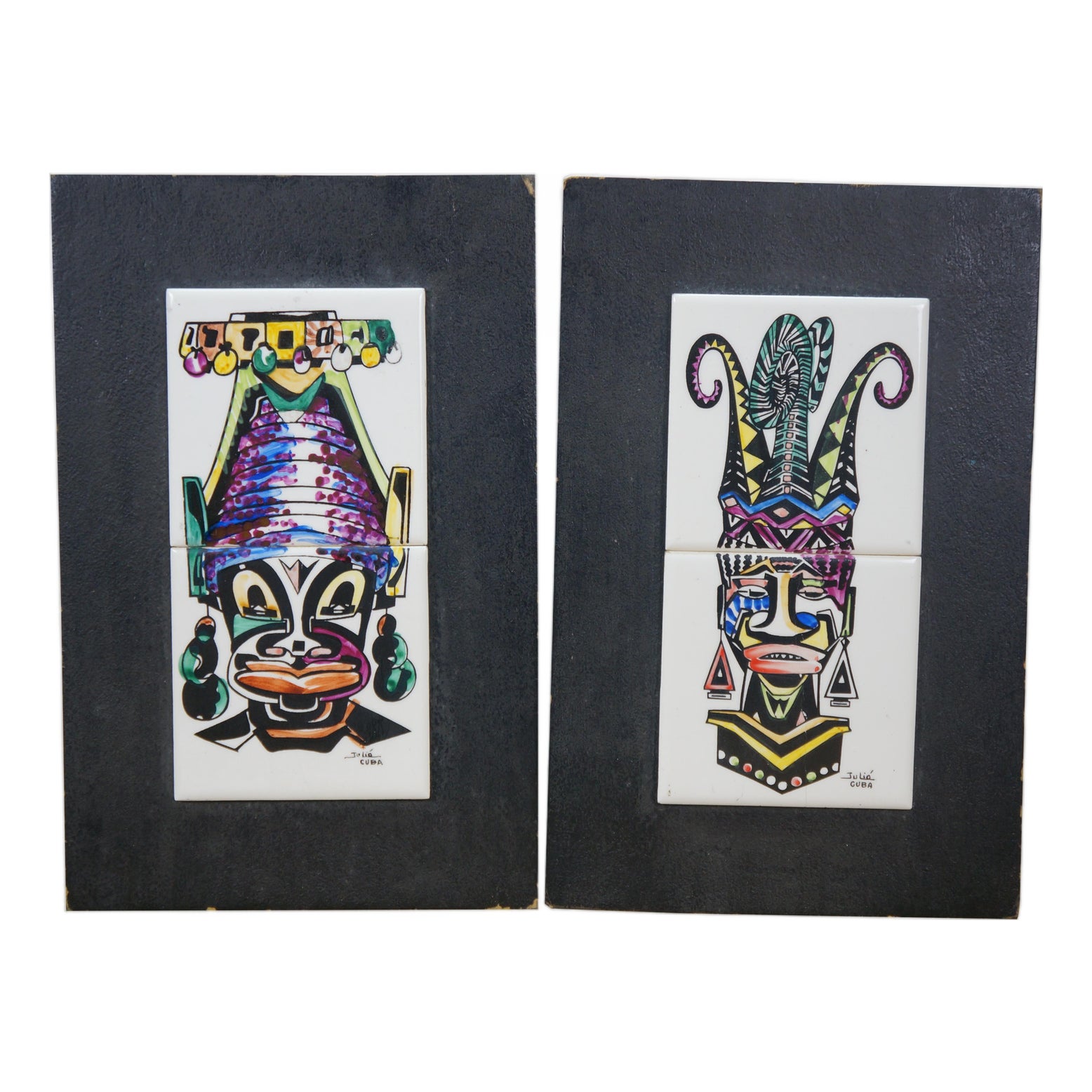 2 Julio Cuba South American Tribal Jester Face Masks Tile Art Plaque ...