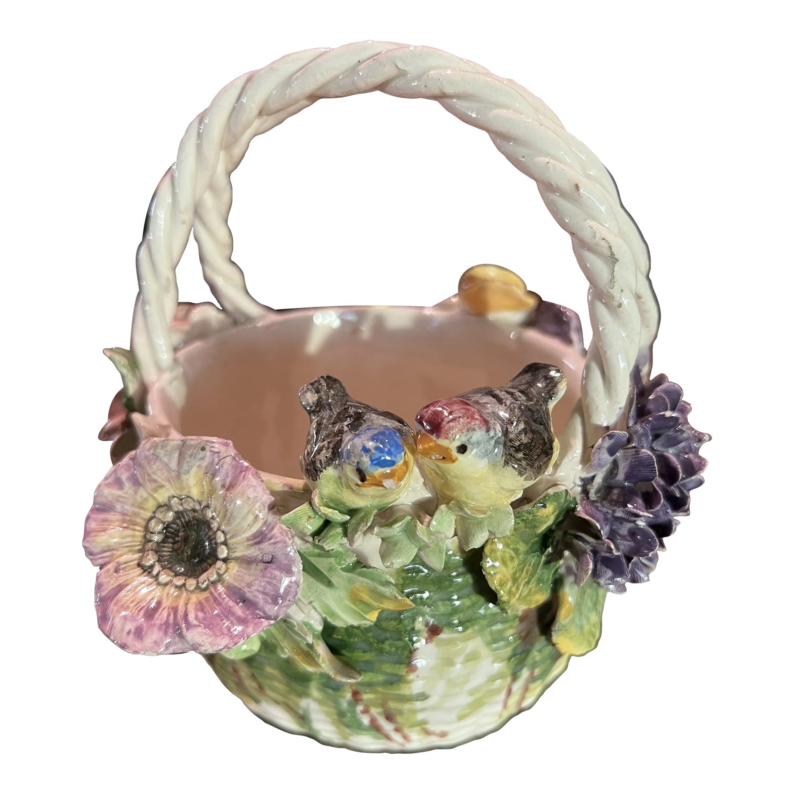 Early Capodimonte Basket Bowl With Applied Flowers and Birds | Chairish