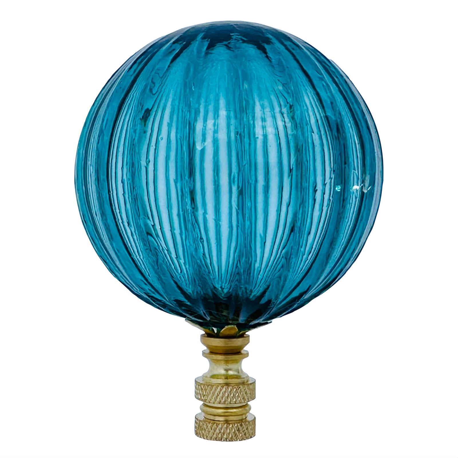 Ribbed Optic Glass Lamp Finial in Teal on Brass Hardware | Chairish