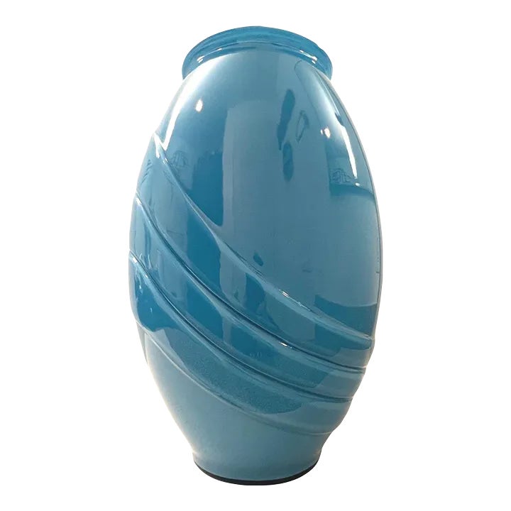 Vintage Postmodern Large Turquoise Ribed Glass Vase, 1980s | Chairish