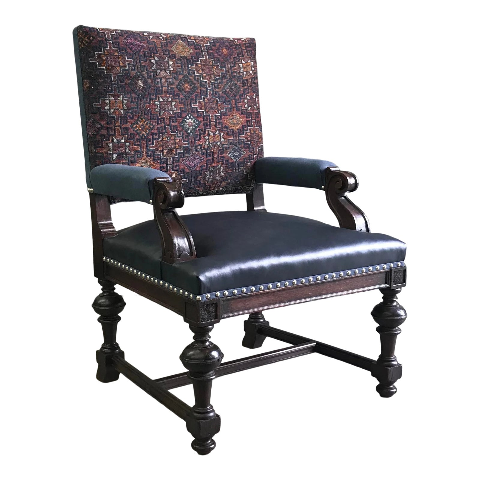 1920s Leather Antique Cigar Library Kilim Chair Reupholstered | Chairish