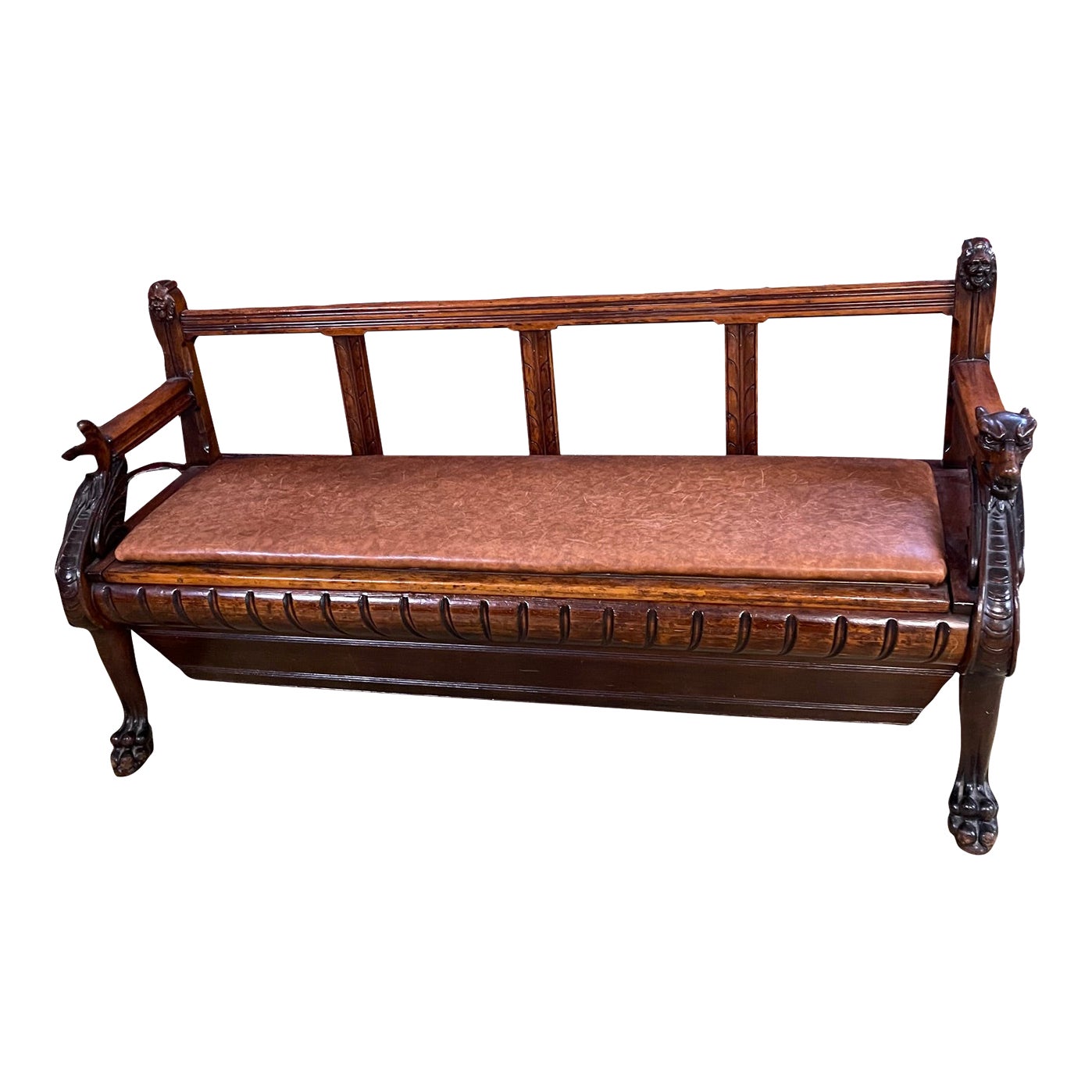 Antique English Mahogany Bench With Griffins on Arms | Chairish