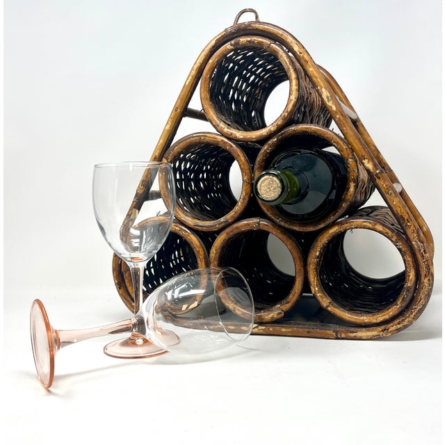 Vintage Mid-Century Boho 6 Bottle Rattan Wine Rack | Chairish
