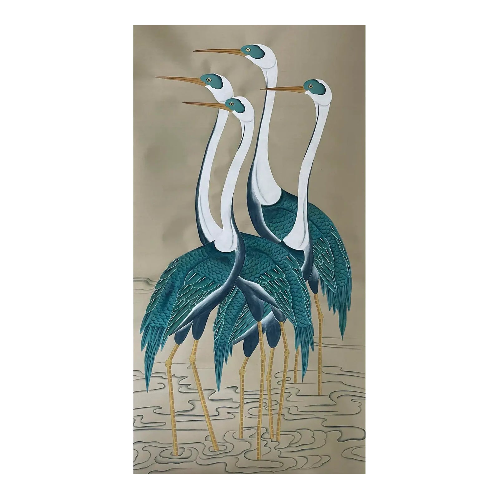 Blue Cranes Mural Hand Painted Wallpapers - 1 Panel | Chairish