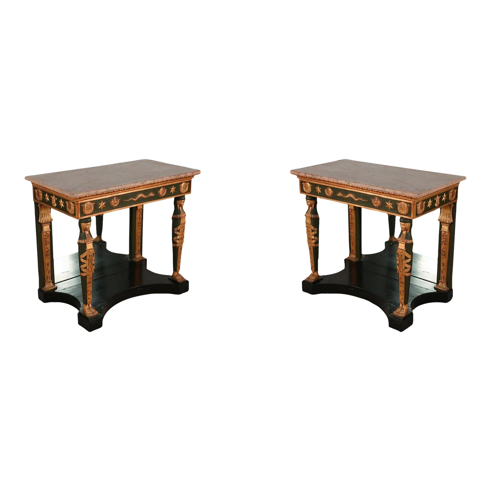 Russian Neoclassic Gilt and Green Console Tables - A Pair | Chairish