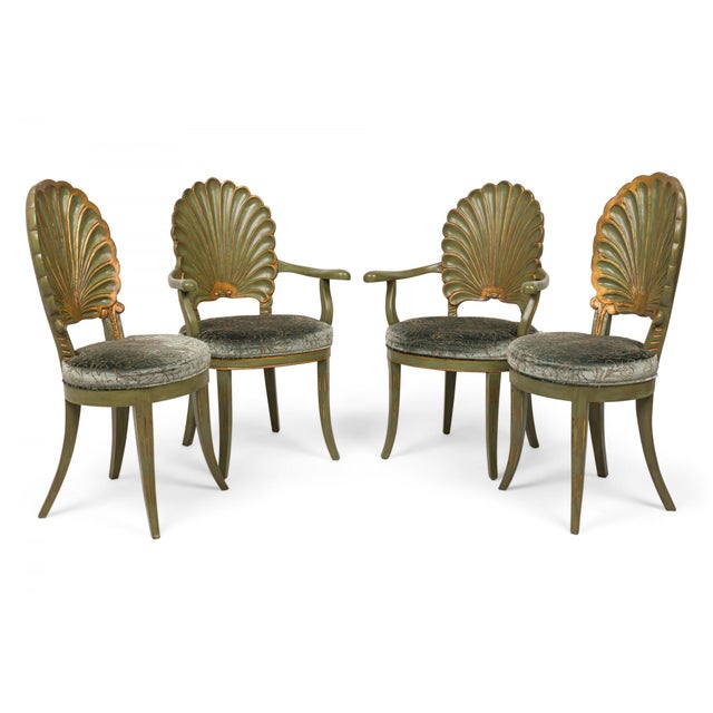 Set of 8 Italian Grotto Mid-Century Carved Wood Green Upholstered ...