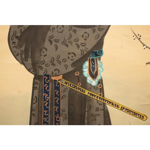 Early 20th Century XL Meiji or Early Showa Japanese Watercolor Scroll Painting, "Man in Kimono ...