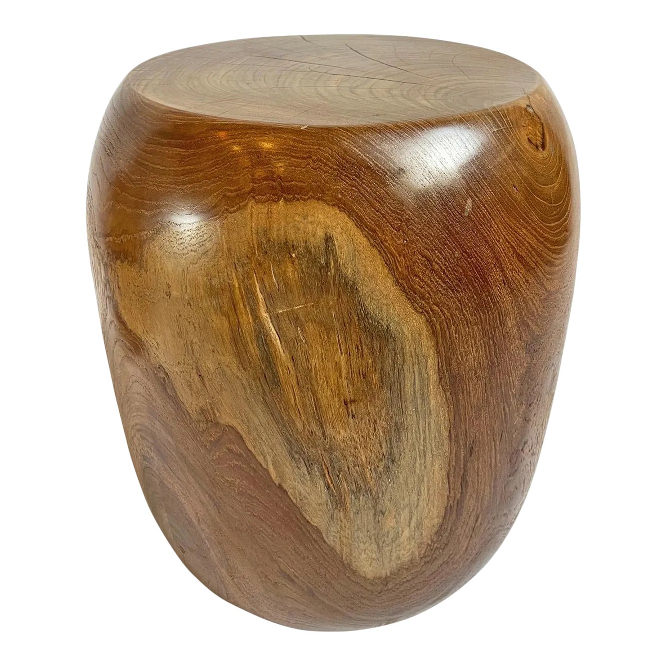 Polished Acacia Rounded Drum Stool / Side Table | Chairish