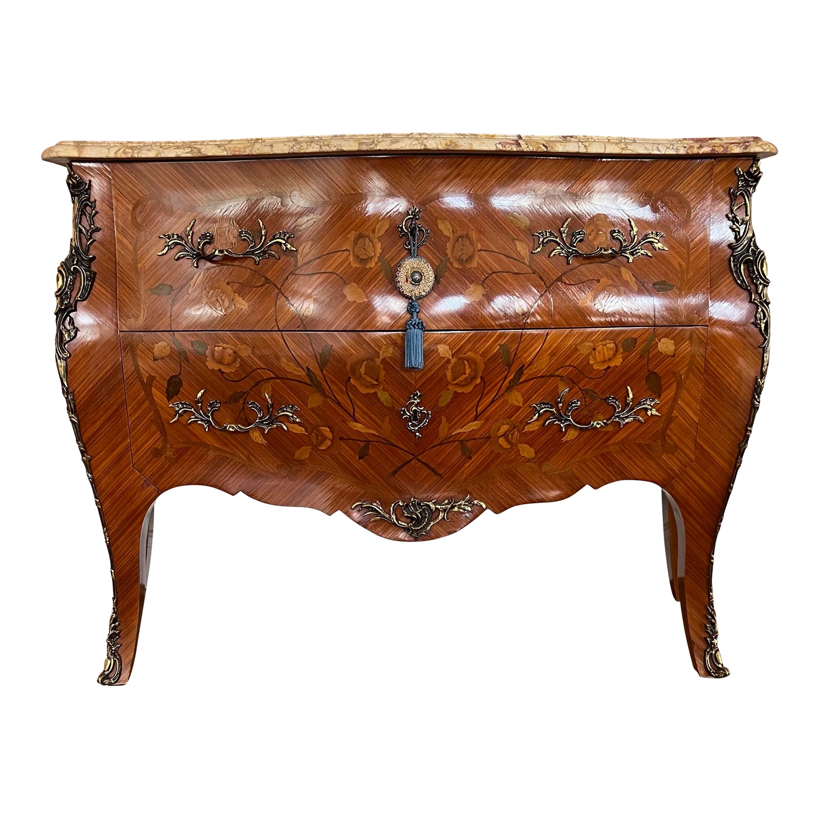 1930s French Bombe Chest With Marquetry and Ivory Marble Top | Chairish