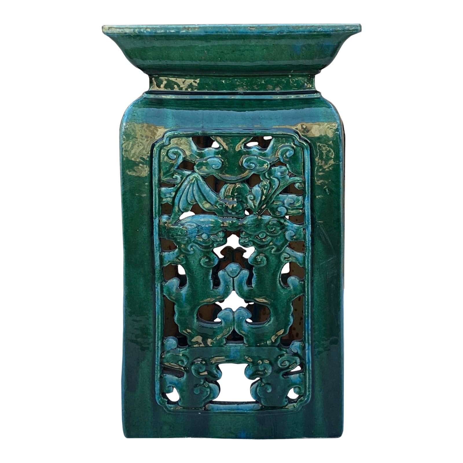 Ceramic Clay Green Square Tall Pedestal Table Bats Dragons Stand | Chairish